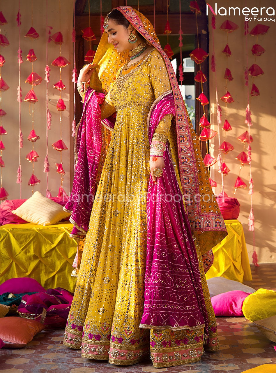 Yellow Bridal Dress in Traditional Pishwas Style for Mehndi – Nameera ...