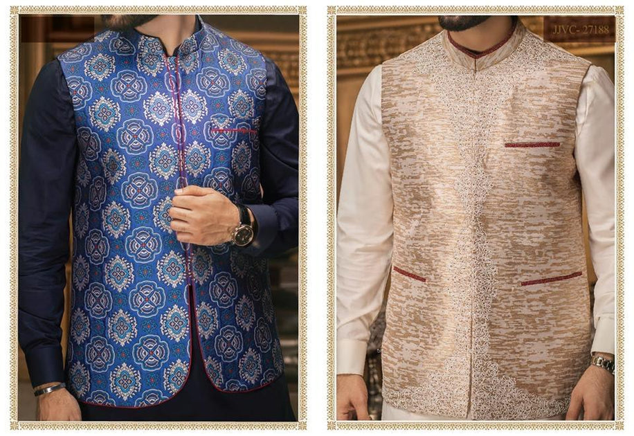 Latest Pakistani Mens Embroidered Waistcoat Dark Light – Nameera by Farooq