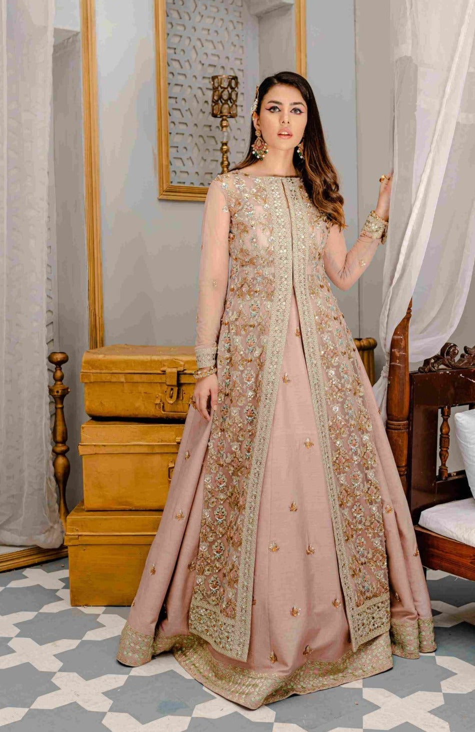 Buy Lehenga and Front Open Gown Pakistani Wedding Dress – Nameera by Farooq