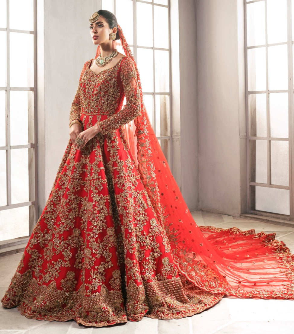 Long Red Frock Lehenga Bridal Pakistani Wedding Dresses – Nameera by Farooq