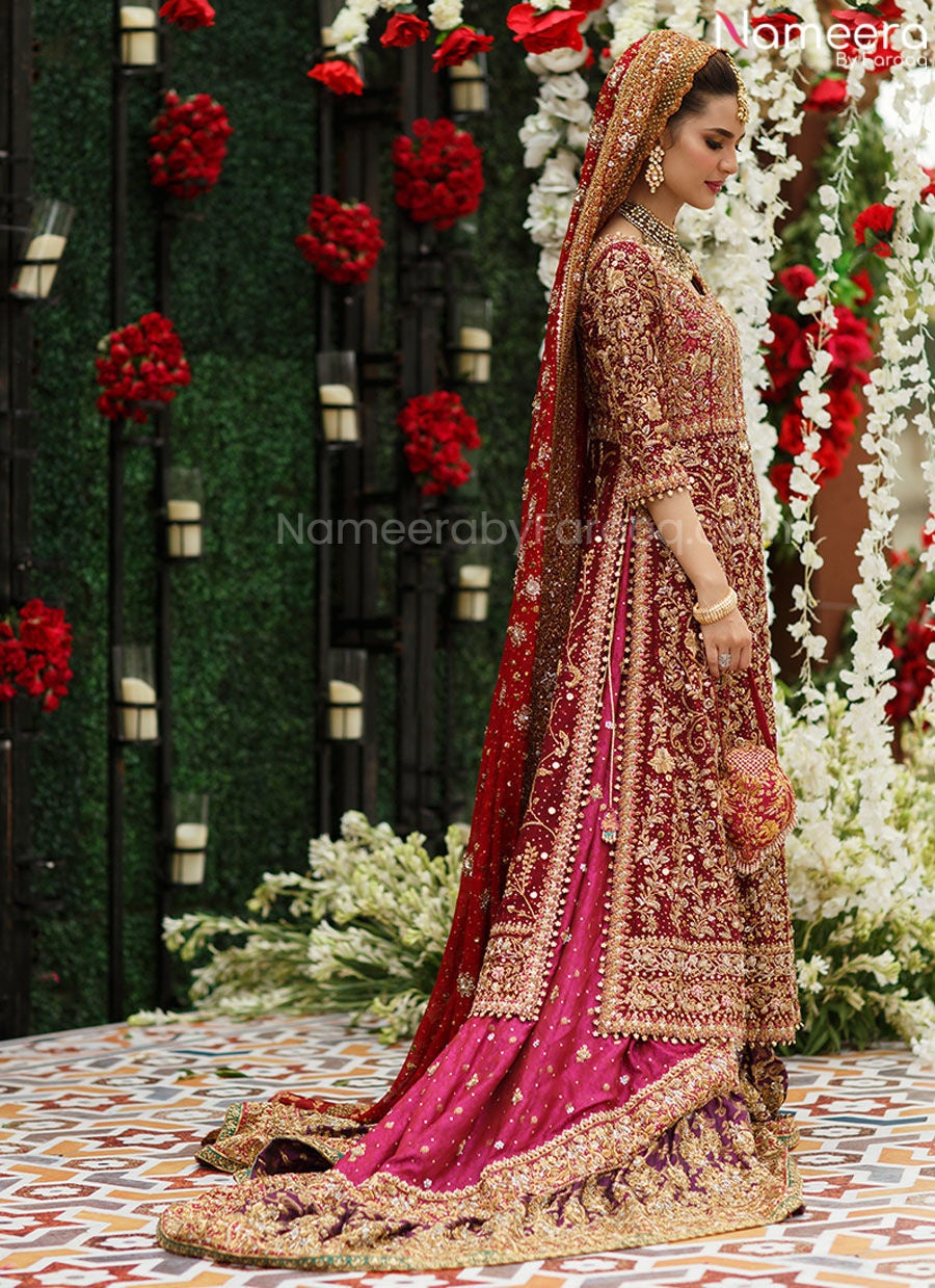 Pakistani Long Shirt Lehenga Bridal Dress in Red and Pink – Nameera by ...