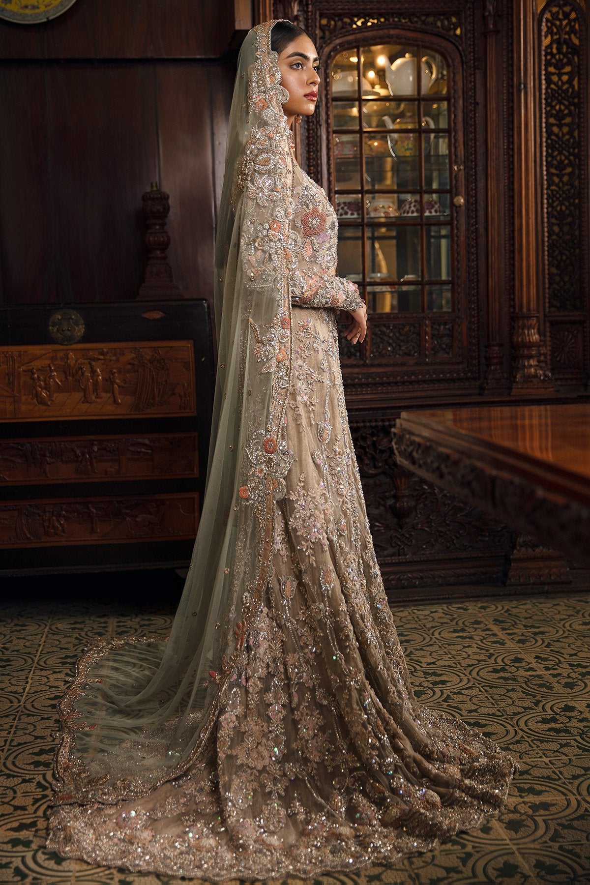 Buy Long Walima Maxi for Wedding in Silver Color Online – Nameera by Farooq
