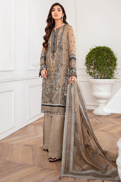 Luxury Embroidered Net Outfit in Skin Color – Nameera by Farooq
