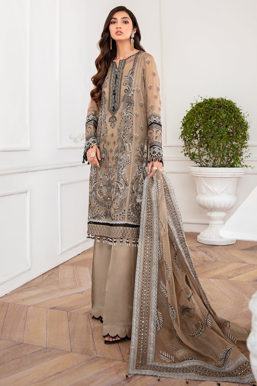 Luxury Embroidered Net Outfit in Skin Color – Nameera by Farooq