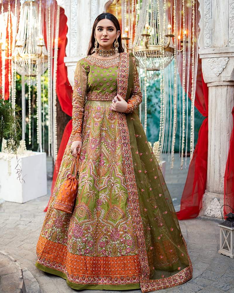 Mehndi Dress in Wedding Lehenga Choli and Dupatta Style – Nameera by Farooq