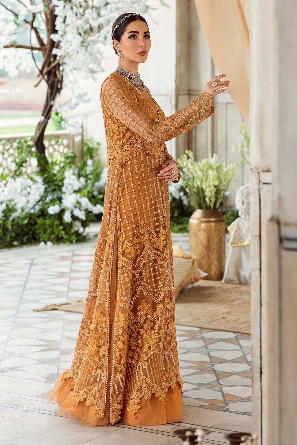 Buy Mustard Silk Embroidered Pishwas Pakistani Eid Wear – Nameera by Farooq