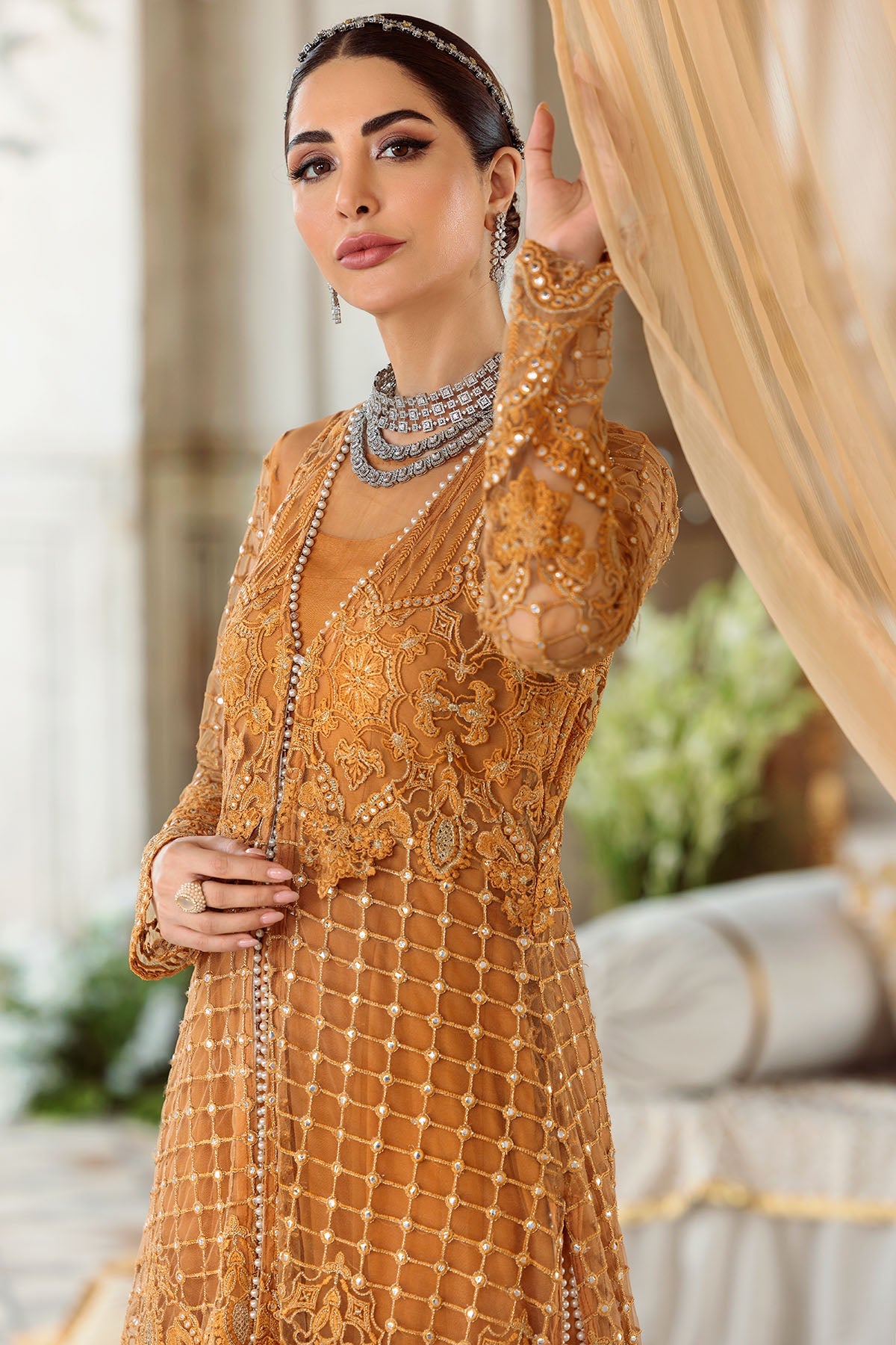 Buy Mustard Silk Embroidered Pishwas Pakistani Eid Wear – Nameera by Farooq