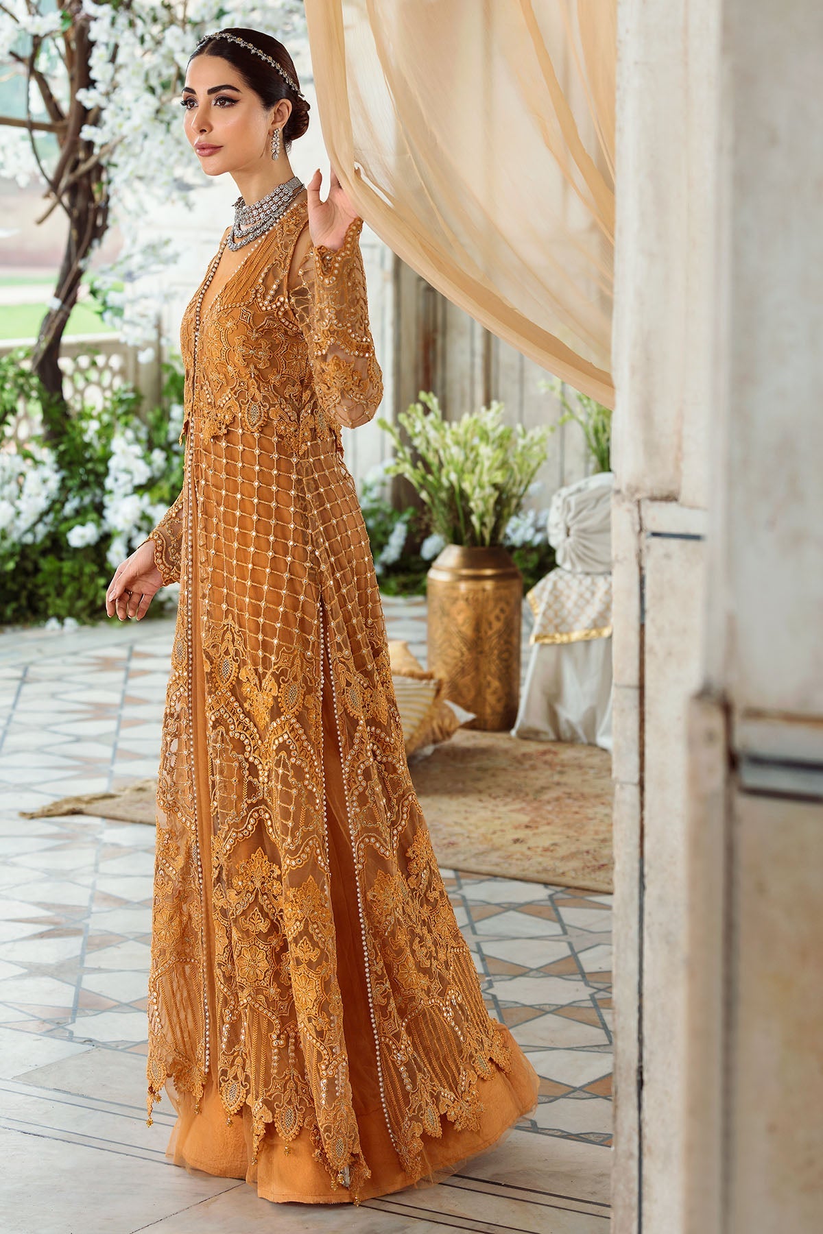Buy Mustard Silk Embroidered Pishwas Pakistani Eid Wear – Nameera by Farooq