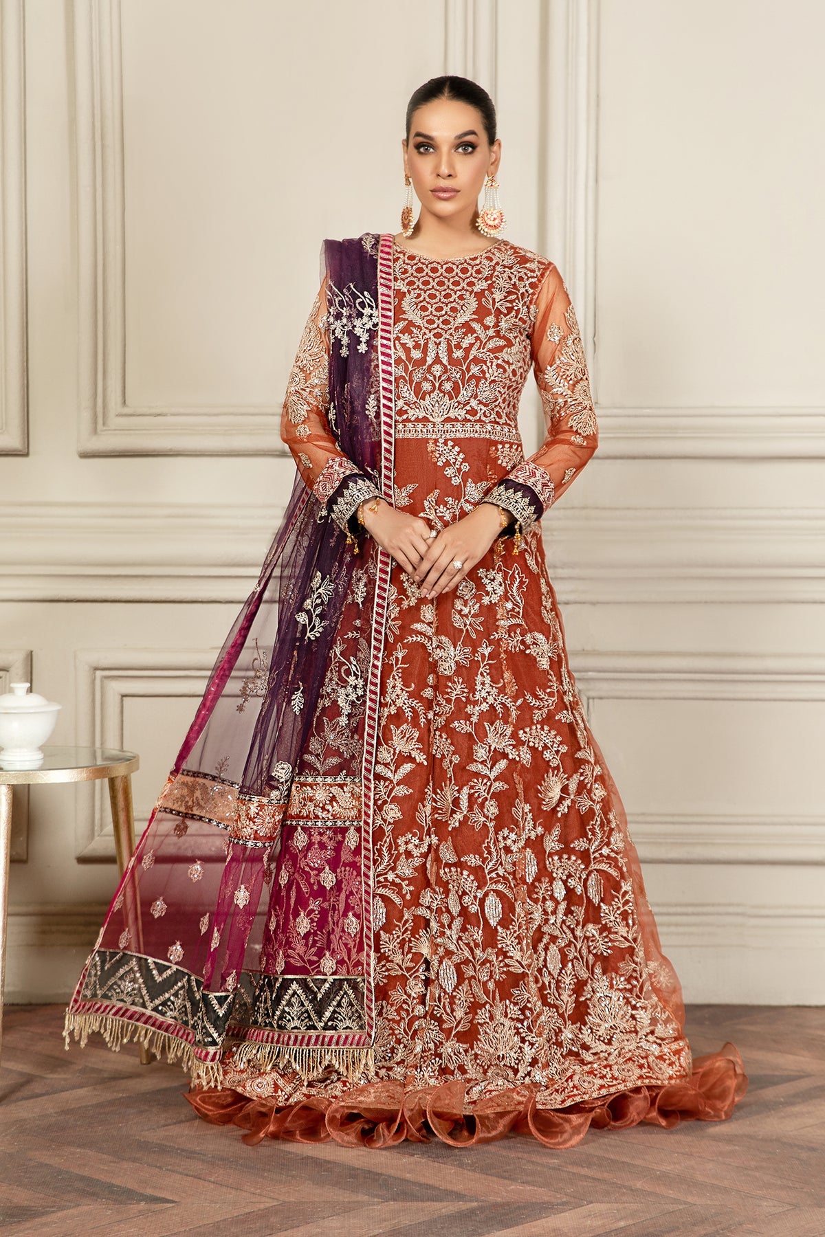 Buy Pakistani Long Frock with Dupatta in Orange Color – Nameera by Farooq