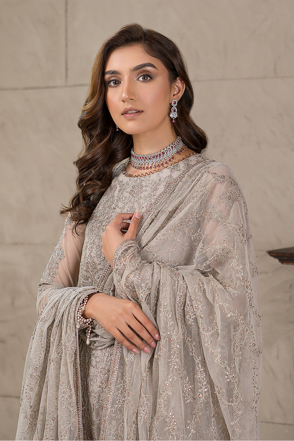 Buy Pakistani Silver Long Kameez with Capri Party wear – Nameera by Farooq