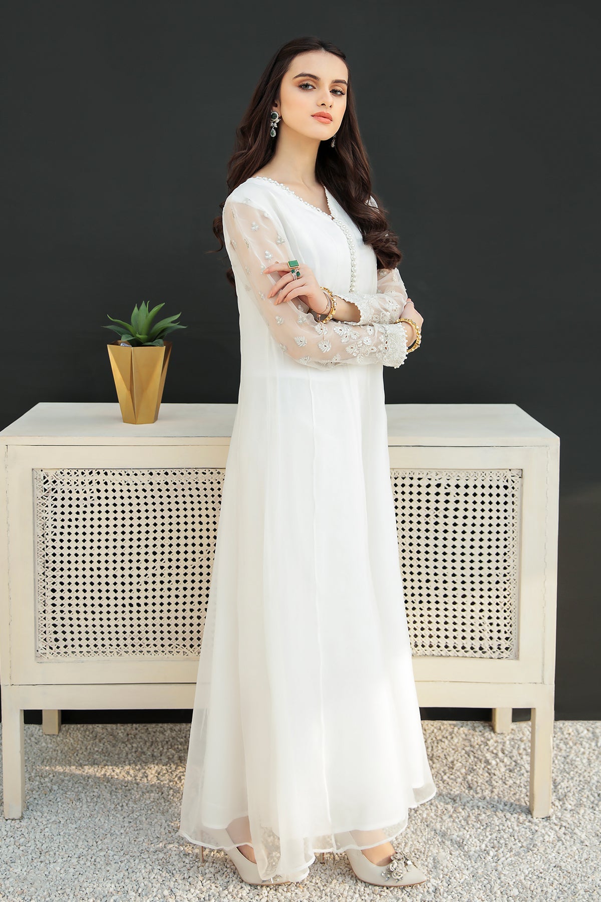 Buy Pakistani White Embroidered Long Frock Party Wear – Nameera by Farooq