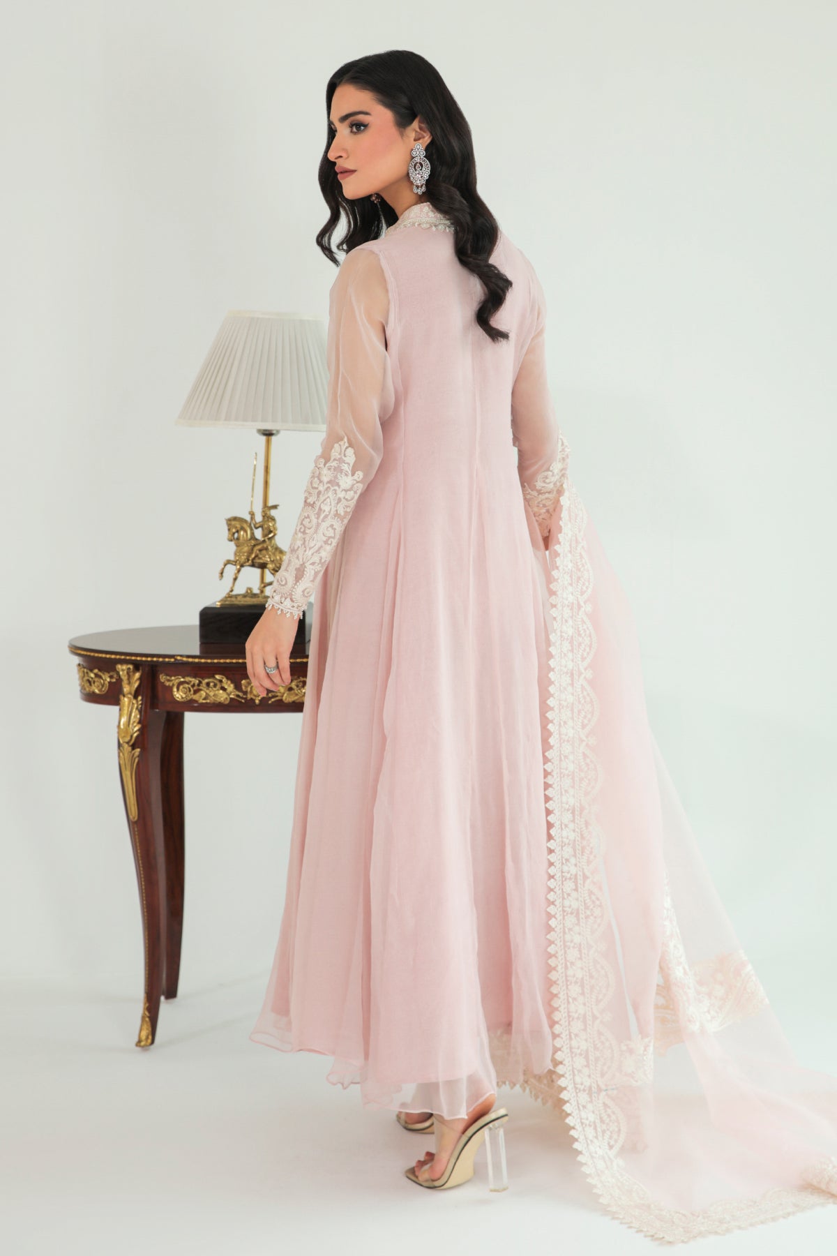 Buy Pink Pakistani Long Frock with Embroidered Dupatta – Nameera by Farooq