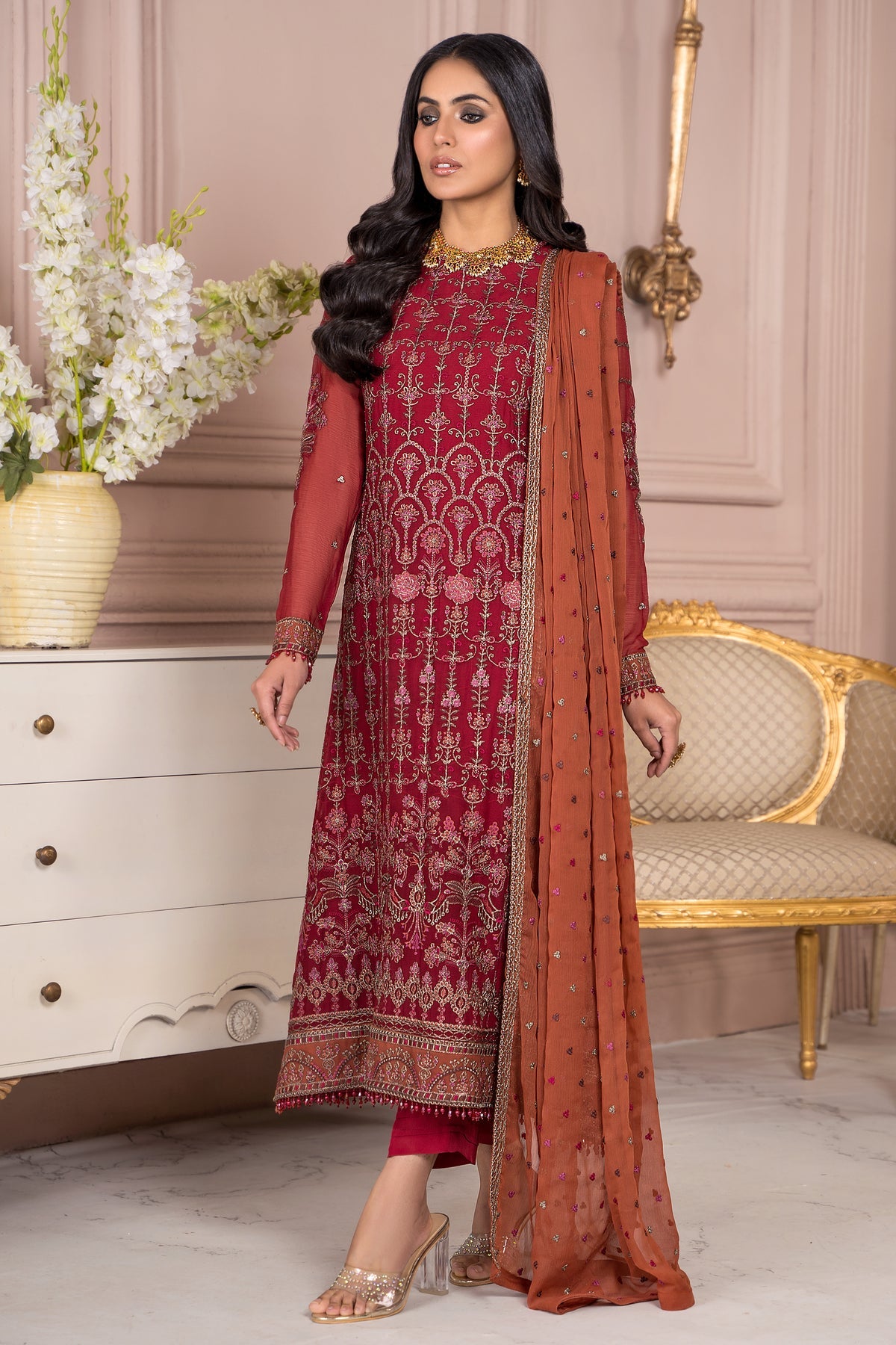 Maria B Red Pakistani Long Kameez Capri Party Wear – Nameera by Farooq