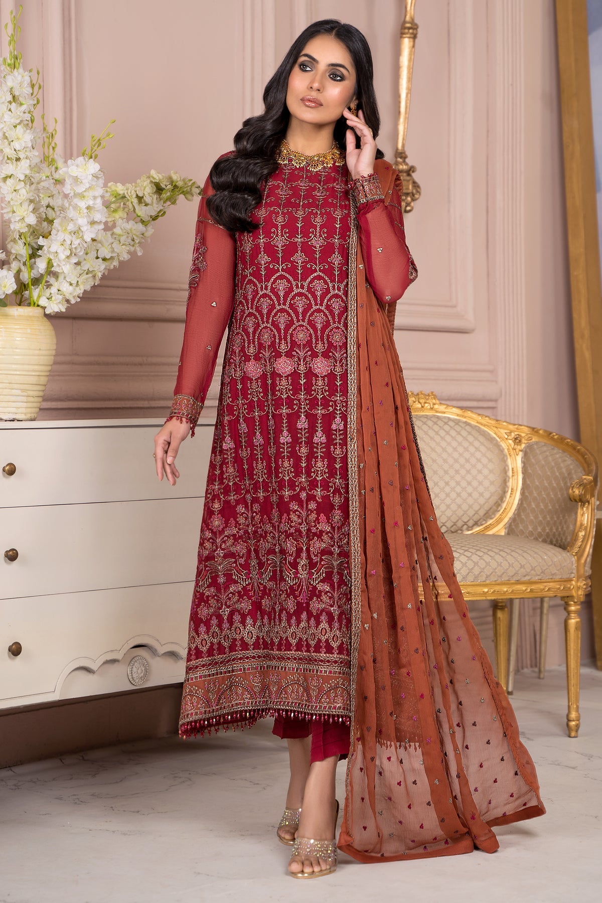 Maria B Red Pakistani Long Kameez Capri Party Wear – Nameera by Farooq