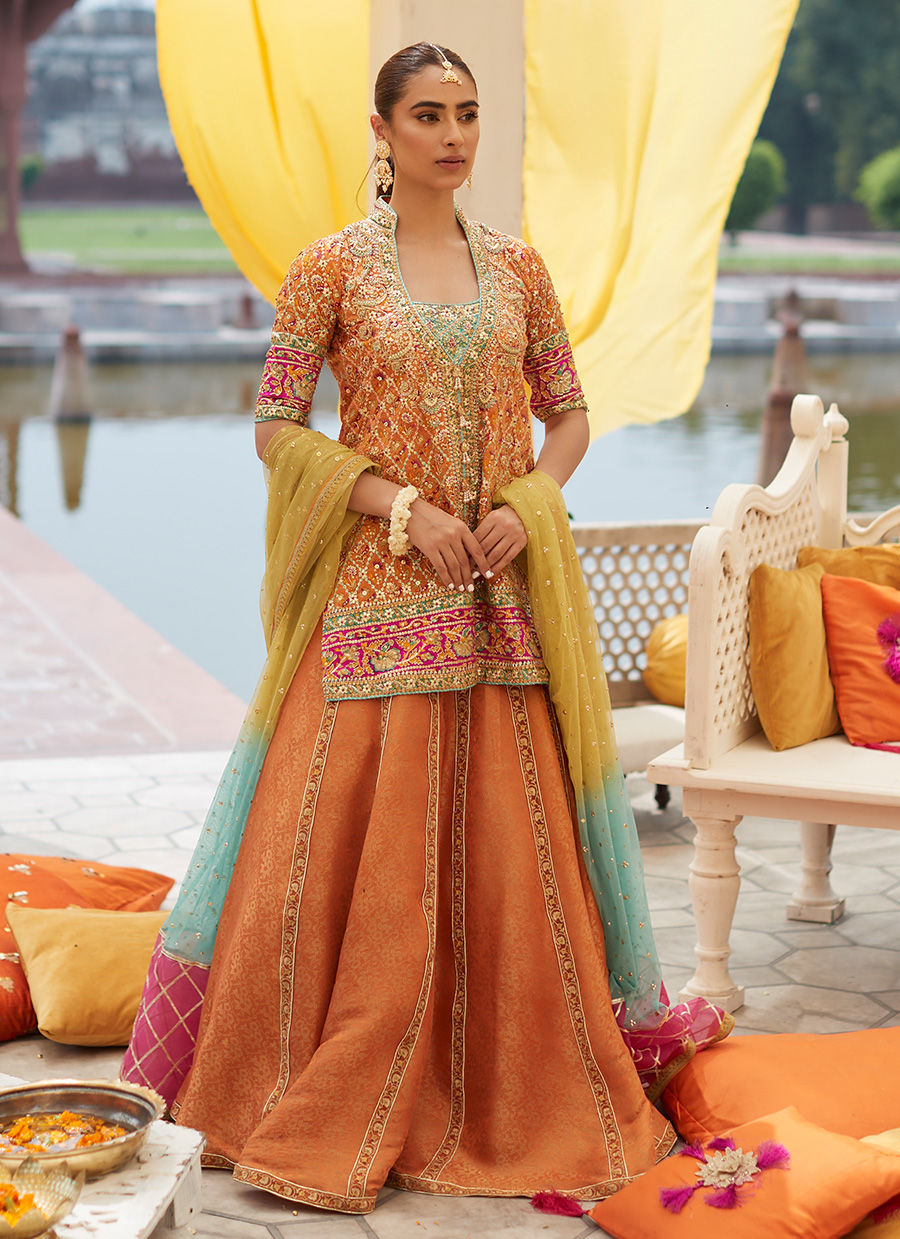 Orange Lehenga Skirt Dress for Pakistani Mehndi Wear – Nameera by Farooq