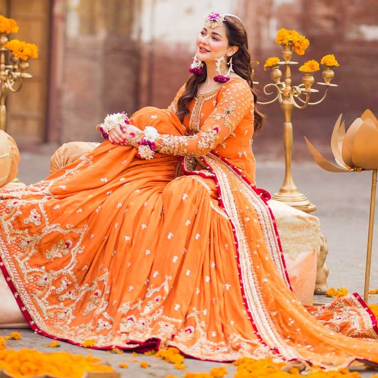 Orange Sharara Shirt Bridal Pakistani Mehndi Dresses – Nameera by Farooq