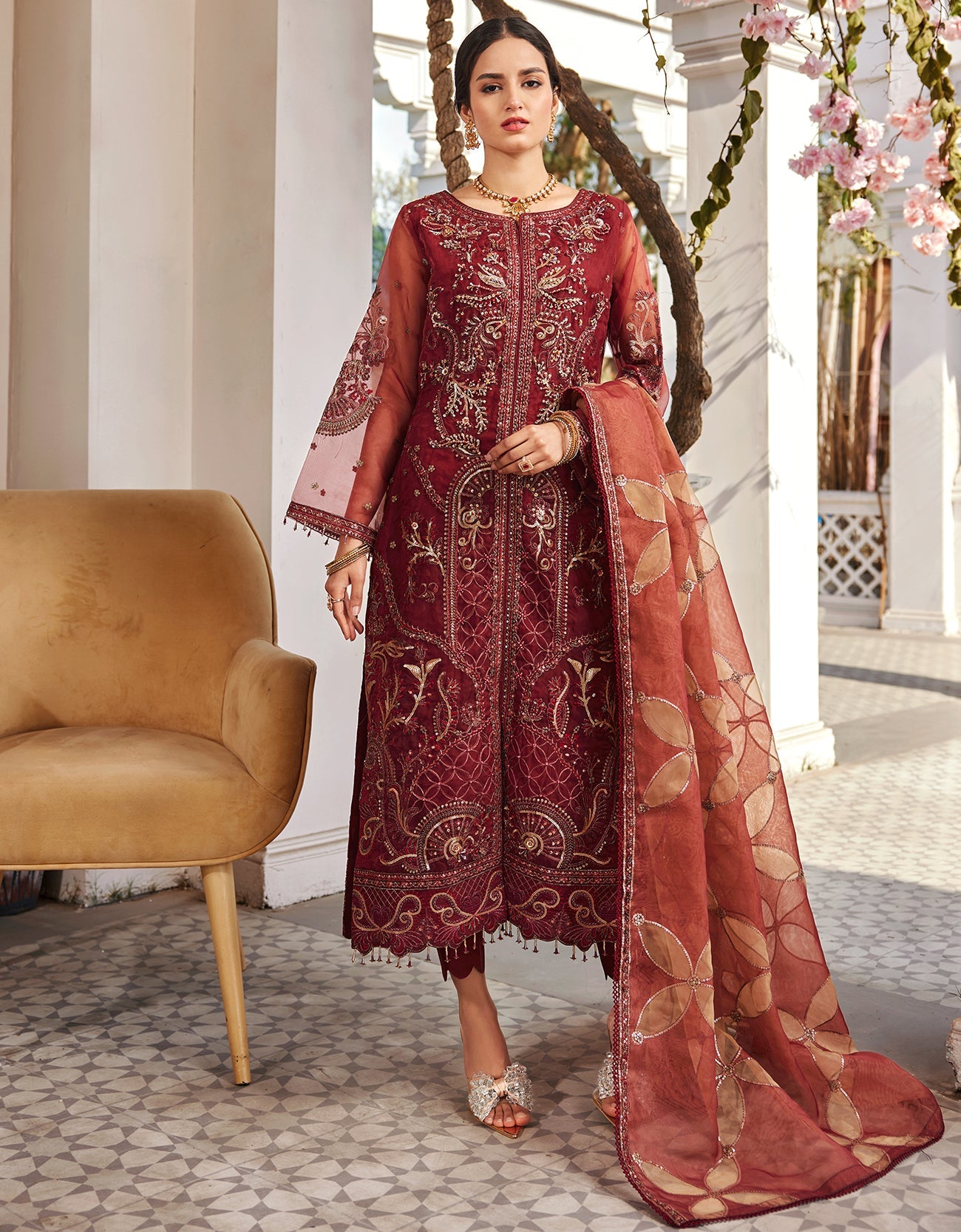 Organza Red Salwar Kameez for Pakistani Party Dresses – Nameera by Farooq