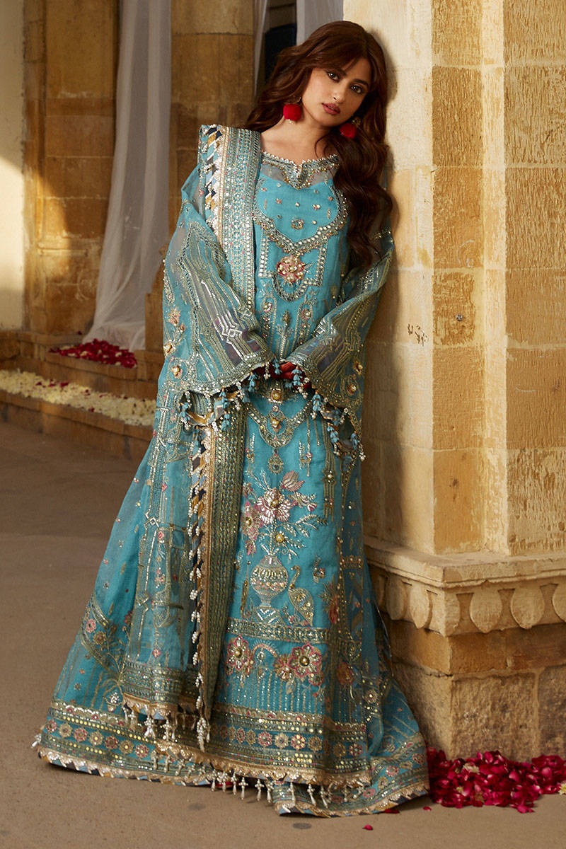 Pakistani Blue Dress in Wedding Kameez Trouser Style – Nameera by Farooq