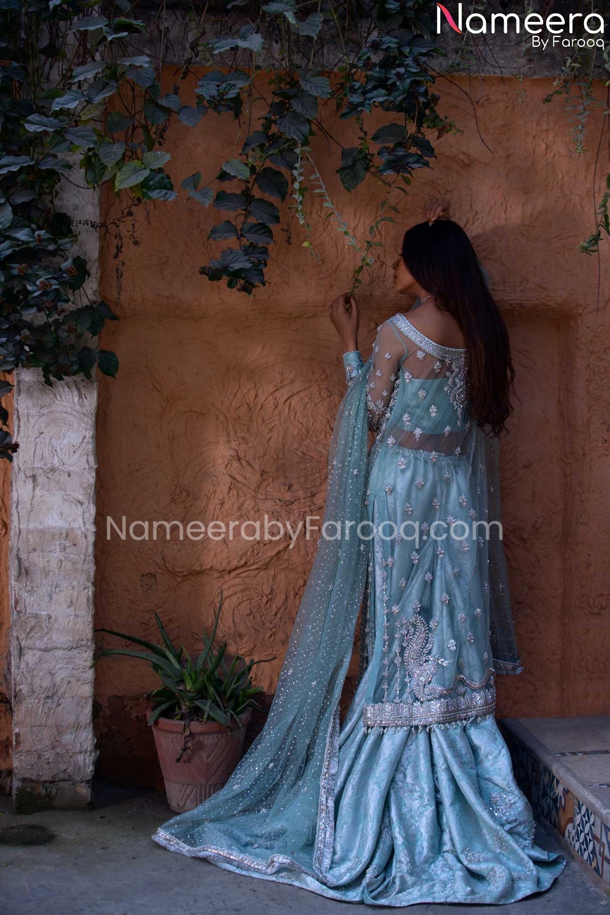 Traditional Sharara with Embellished Net Kameez Dupatta – Nameera by Farooq