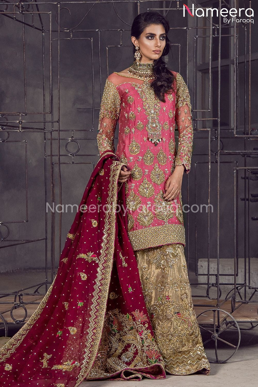 Traditional Gold Bridal Lehenga with Pink Kameez Dress Online – Nameera ...