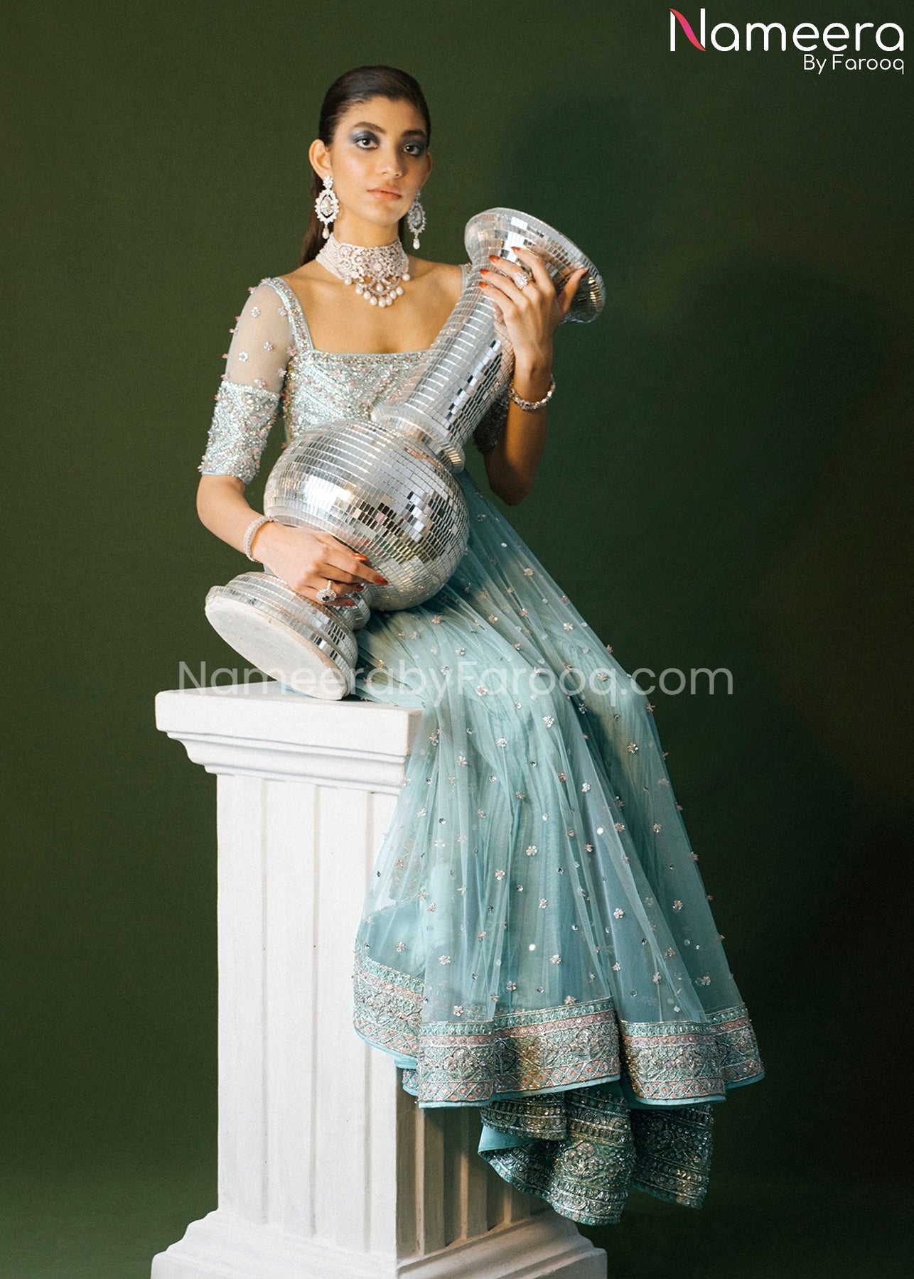 Ice Blue Pakistani Bridal Pishwas with Sharara Dress Online – Nameera ...