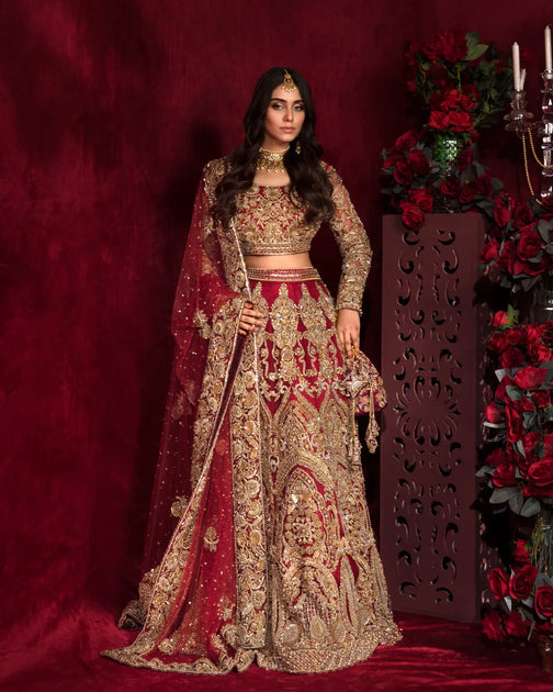 Majestic Red Pakistani Bridal Lehenga with Choli – Nameera by Farooq