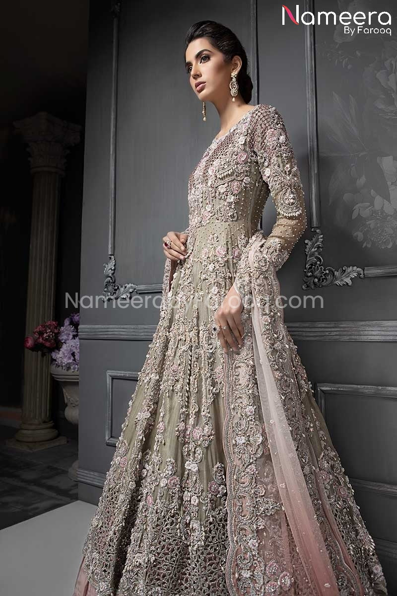 Latest Pakistani Bridal Frock in Grey Pink Color Online – Nameera by Farooq