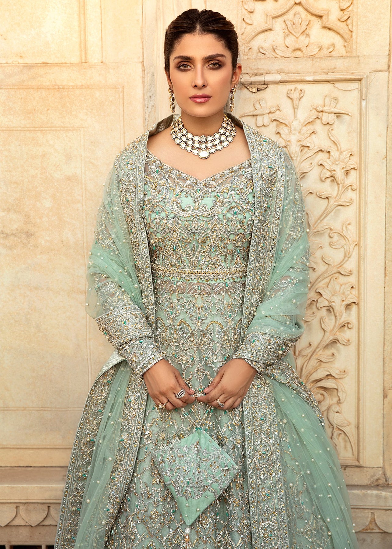 Elegant Pakistani Bridal Dress in Net Gown with Jamawar Lehenga ...