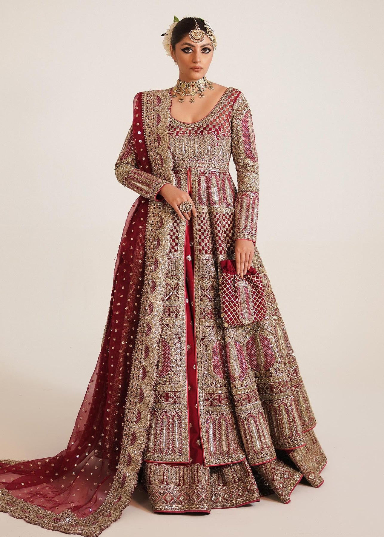 Pakistani Bridal Gown in Open Style with Red Lehenga and Organza Dupat ...