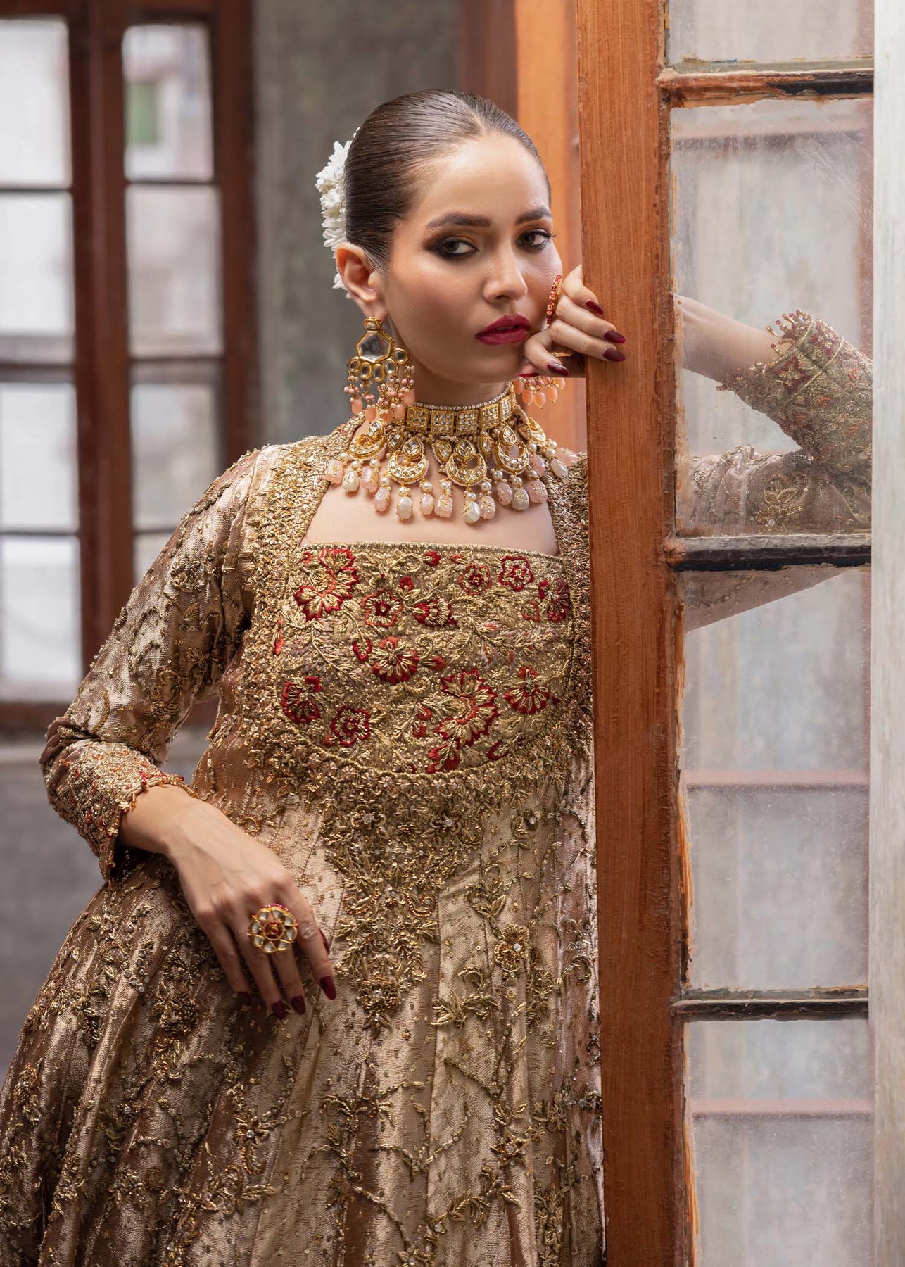 Pakistani Bridal Gown with Golden Lehenga and Dupatta – Nameera by Farooq