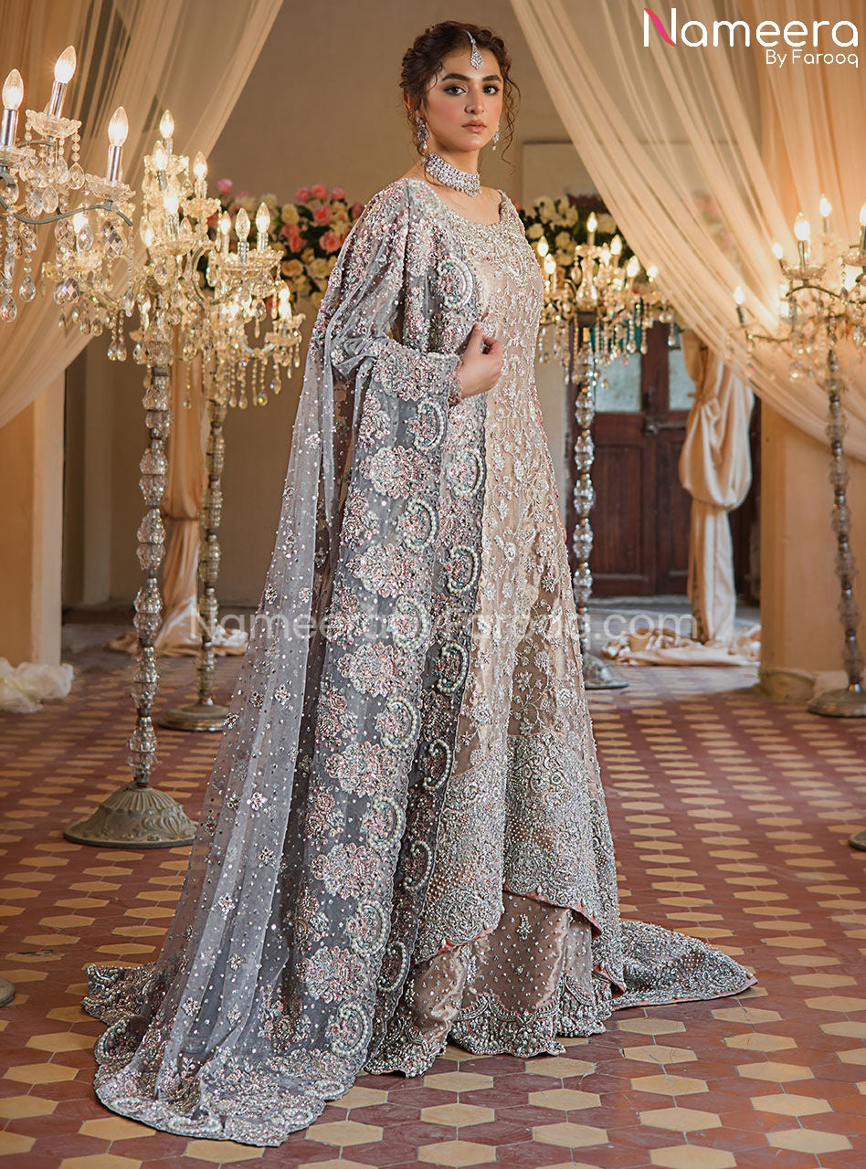 Pakistani Bridal Gown with Sharara Dress in Brocade Fabric – Nameera by ...