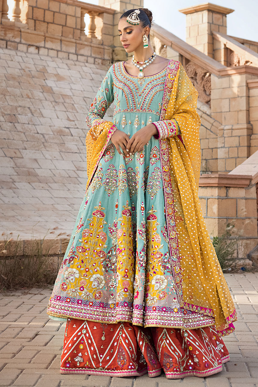 Pakistani Bridal Lehenga Frock and Dupatta Mehndi Dress – Nameera by Farooq
