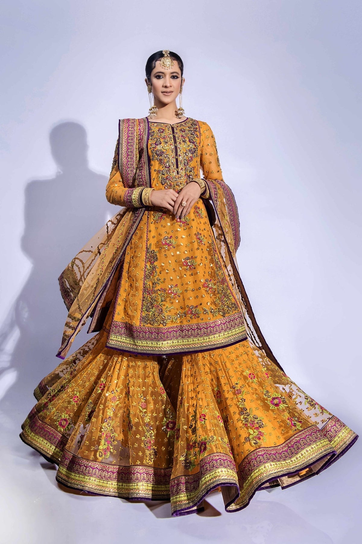 Pakistani Bridal Mehndi Dress in Gharara Kameez Style – Nameera by Farooq
