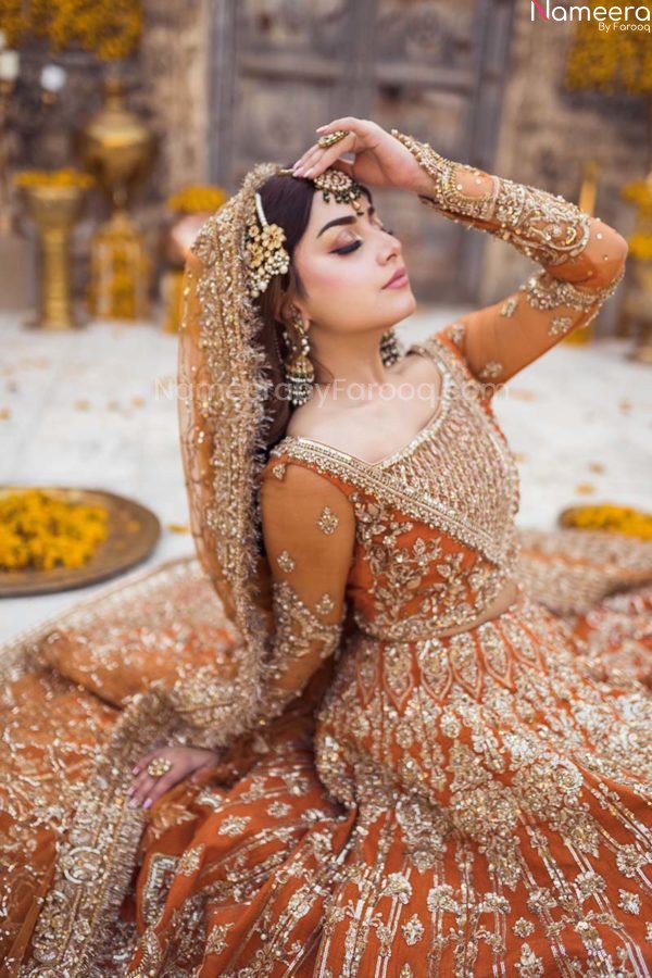 Pakistani Bridal Mehndi Outfit in Long Frock with Dupatta – Nameera by Farooq