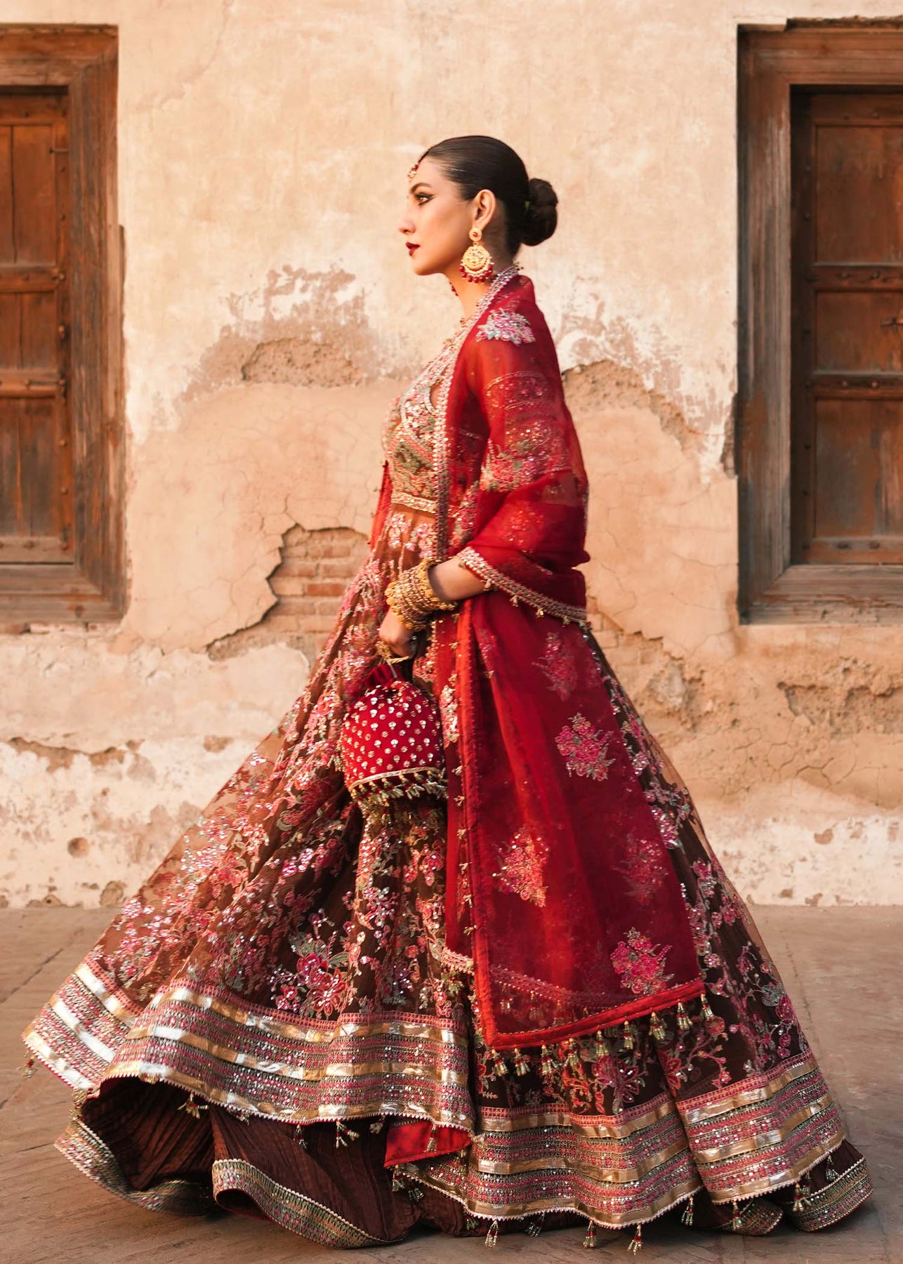 Pakistani Bridal Pishwas Frock with Sharara and Dupatta – Nameera by Farooq