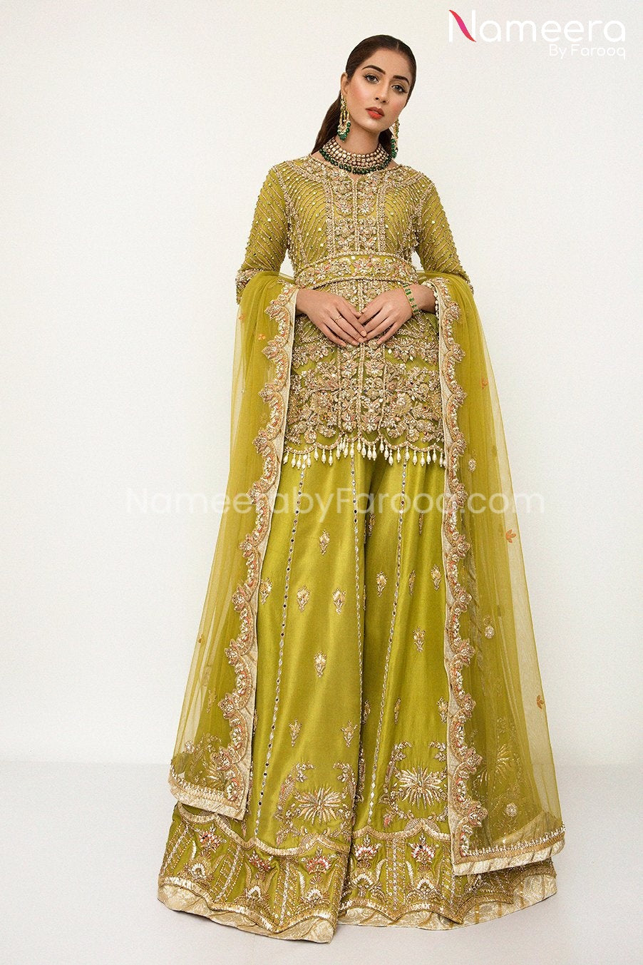 Lavish Pakistani Bridal Sharara Dress in Mehndi Color Online – Nameera ...