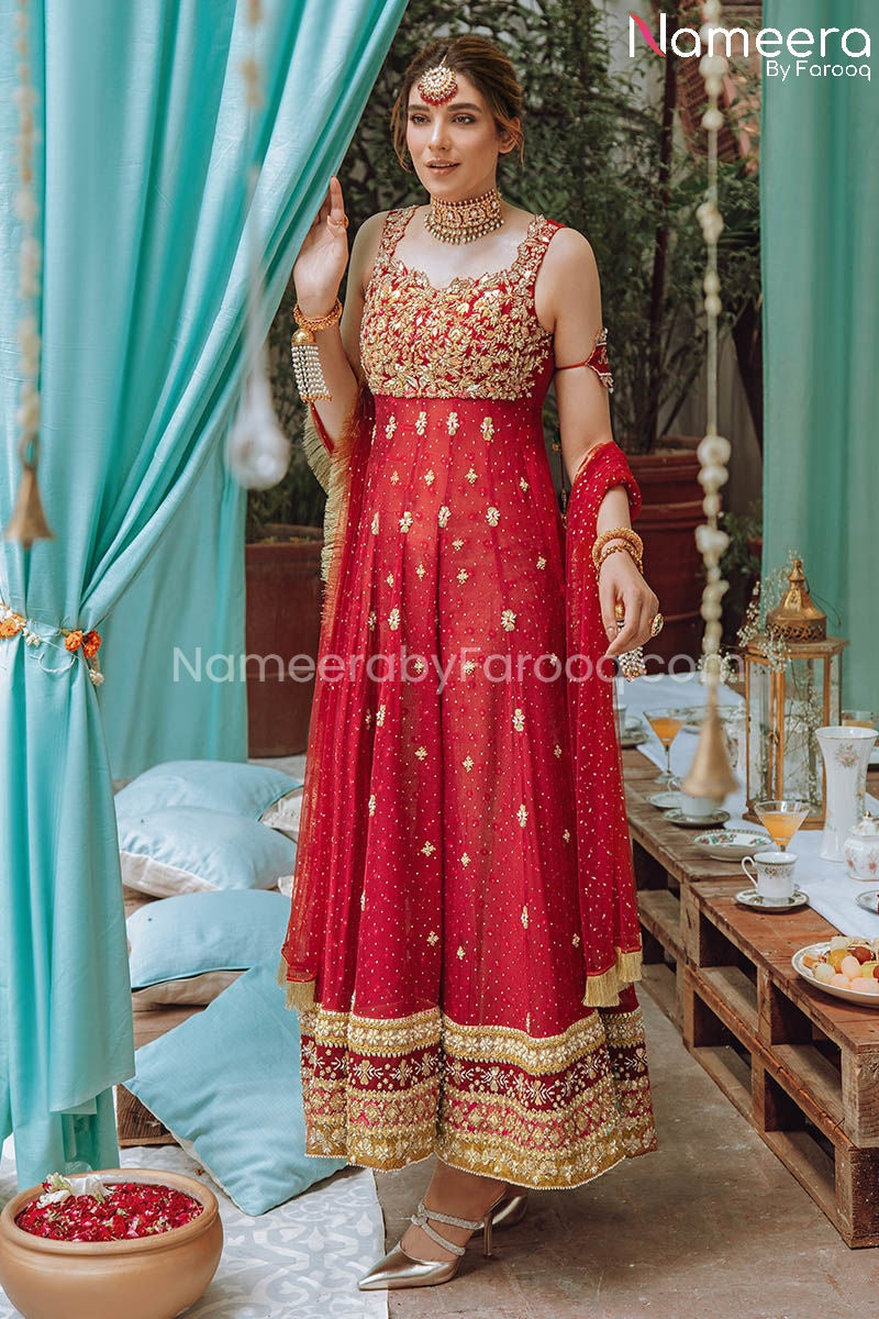 Pakistani Bridal Net Traditional Pishwas Dress in Red Color – Nameera ...