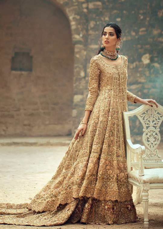 Pakistani Bridal Trail Frock in Ivory Color – Nameera by Farooq