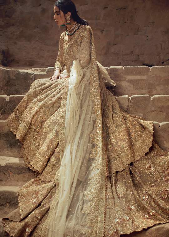 Pakistani Bridal Trail Frock in Ivory Color – Nameera by Farooq