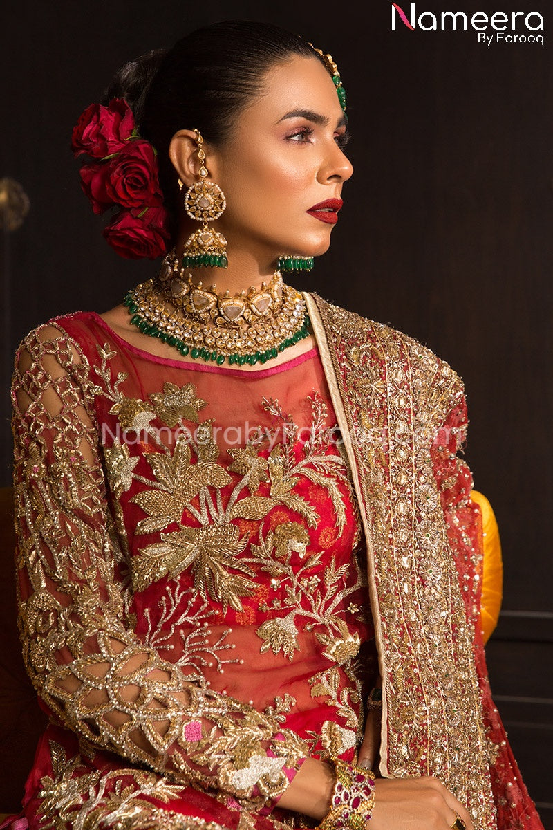 Latest Bridal Gharara Pakistani in Jamawar with Red Kurti – Nameera by ...