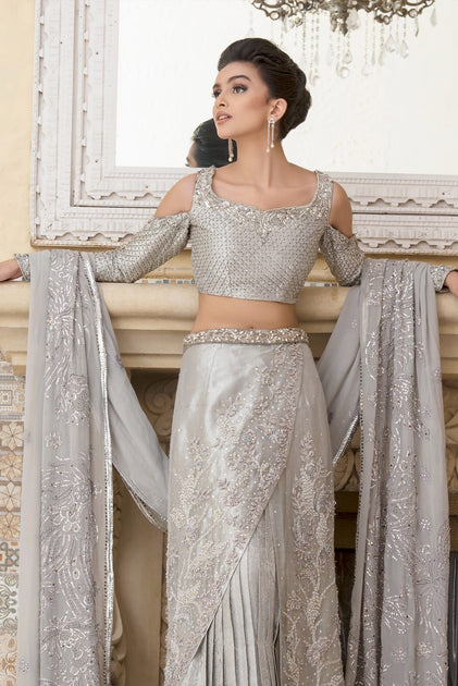 Pakistani Designer Bridal Saree in Silver Color – Nameera by Farooq