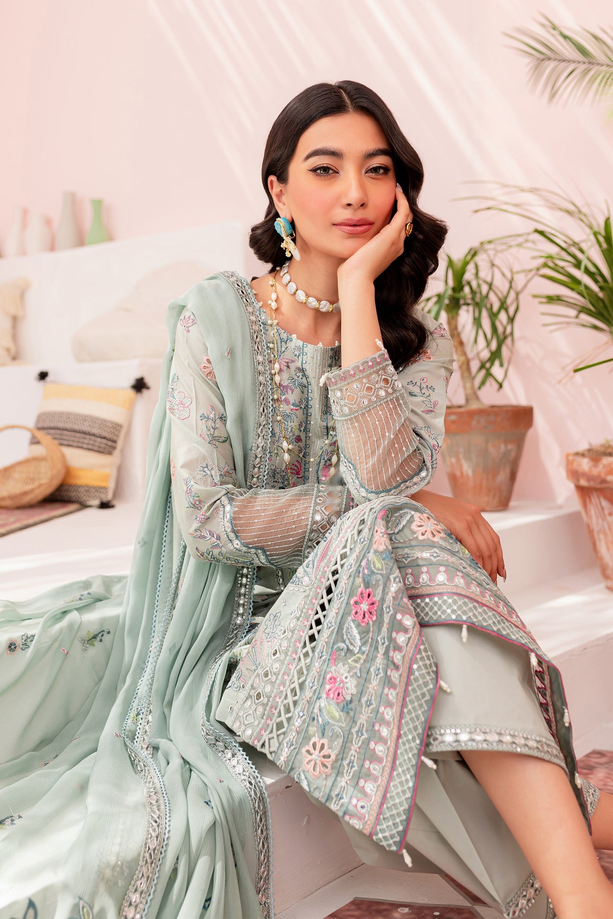 Pakistani Eid Dress in Ice Blue Kameez Trouser Style – Nameera by Farooq