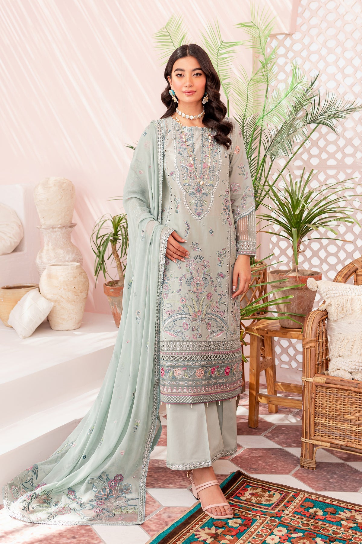 Pakistani Eid Dress in Ice Blue Kameez Trouser Style – Nameera by Farooq