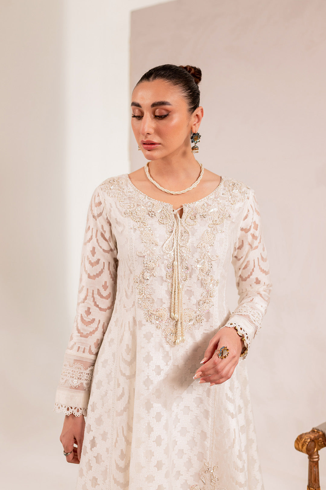 Pakistani Eid Dress in Royal White Pishwas Frock Style – Nameera by Farooq