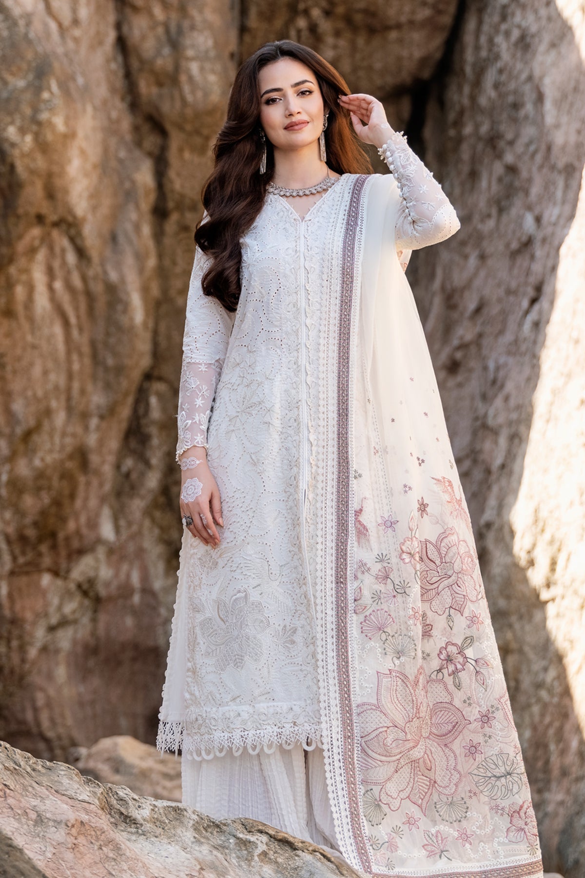 Pakistani Eid Dress in White Lawn Kameez Trouser Style – Nameera by Farooq