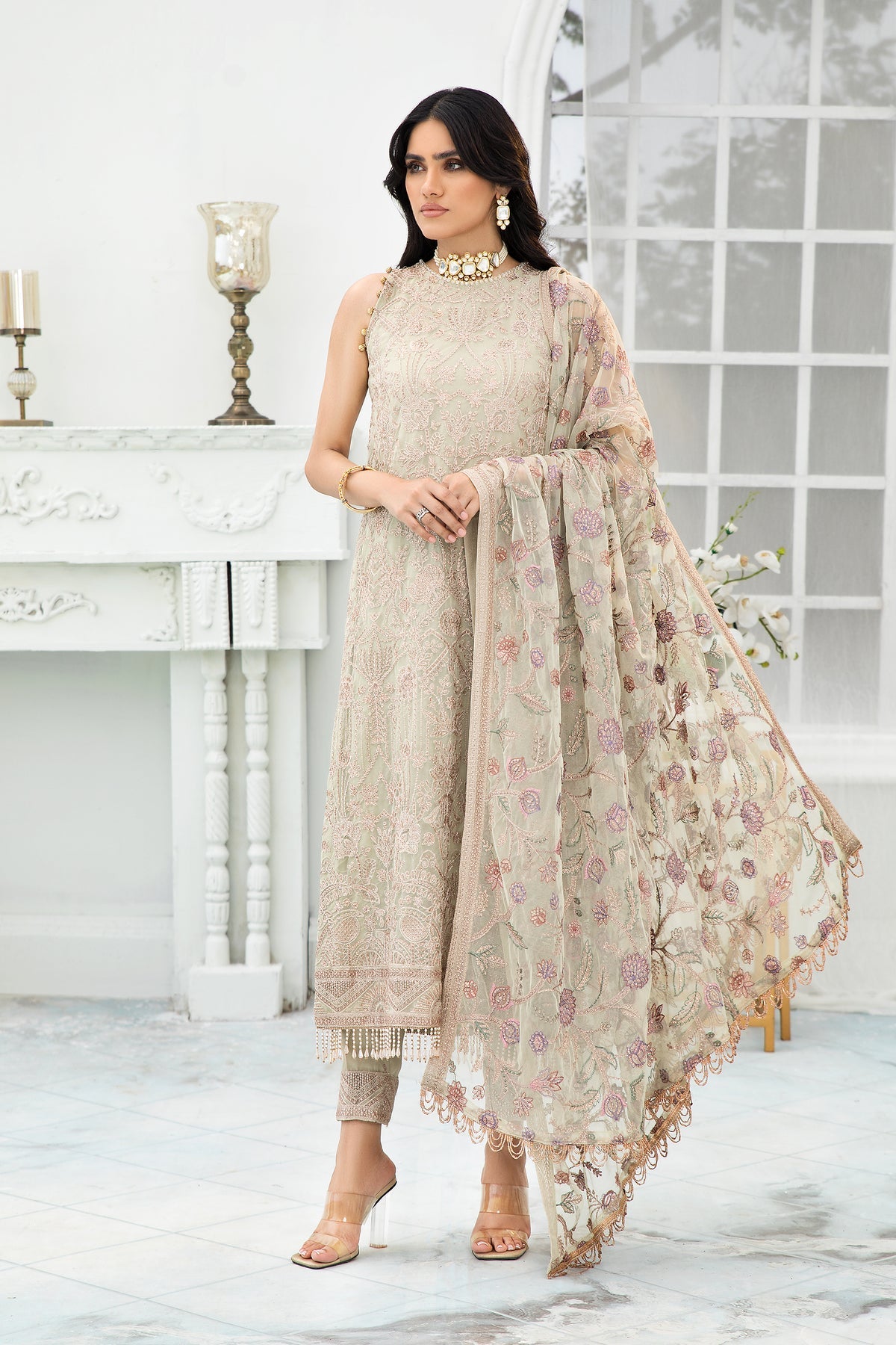Buy Pakistani Embroidered Long Kameez Capri Party Wear – Nameera by Farooq