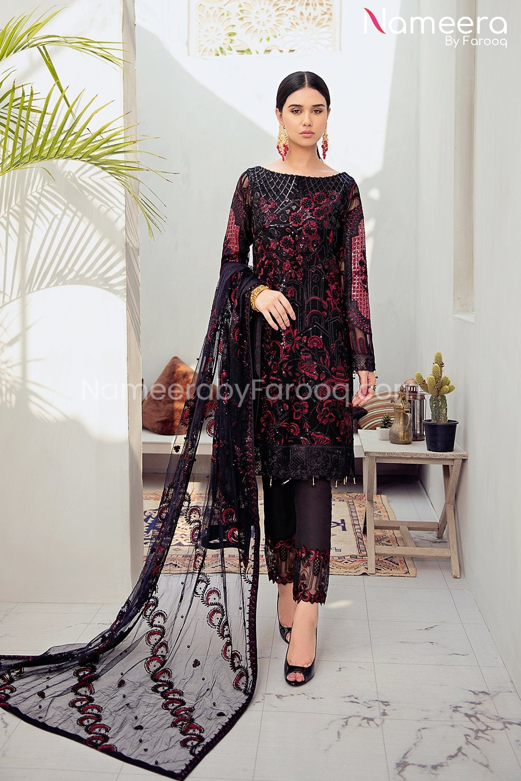Baroque Pakistani Maxi Dress in Black Color Online 2021 – Nameera by Farooq