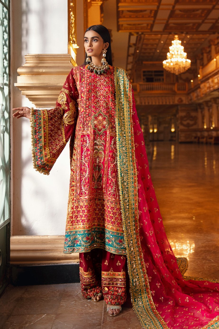 Pakistani Gota Embroidered Suit in Red Color – Nameera by Farooq