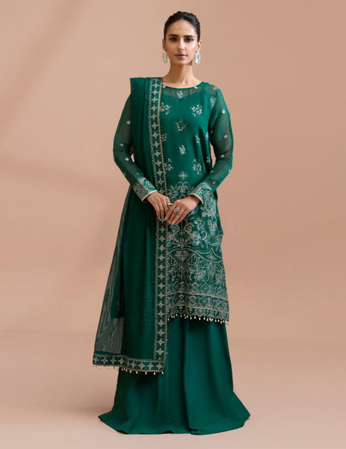Pakistani Green Dress in Kameez Trouser Style for Eid – Nameera by Farooq