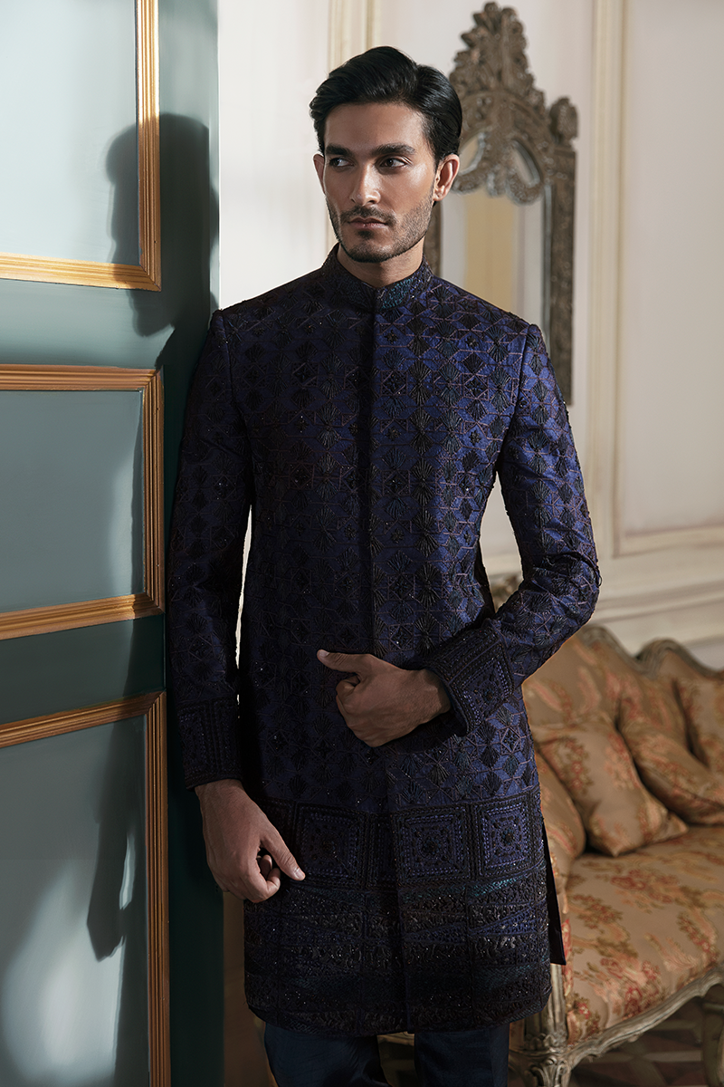Buy Pakistani Groom Dress in Jamawar Blue Sherwani Style in Florida ...